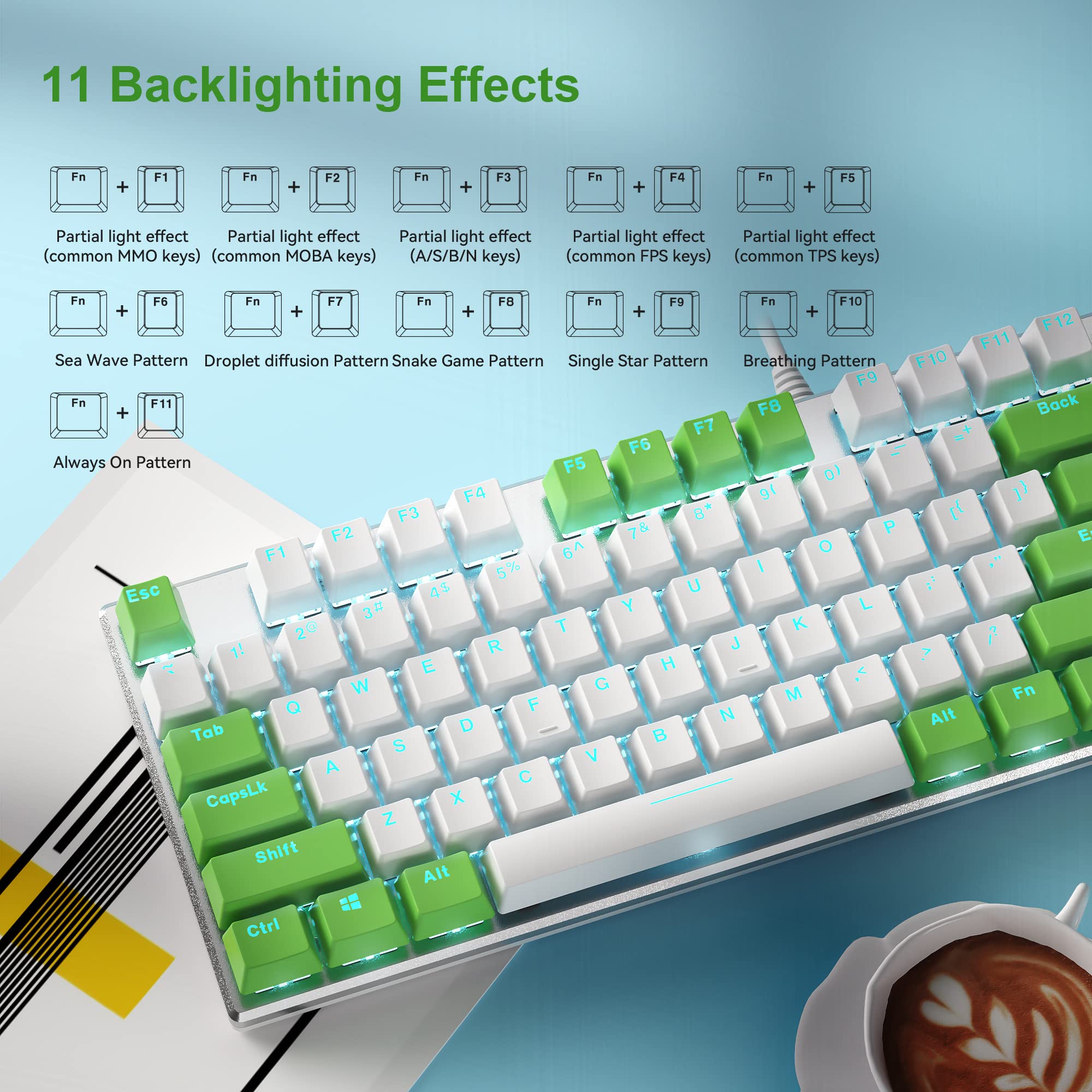 Superbcco Mechanical Gaming Keyboard, LED Backlit Wired Computer Keyboard with Clicky Blue Switches for Windows Gaming PC, 108 Anti-Ghosting Keys, QWERTY, Compact, Aluminum Base for Gamer (Green)
