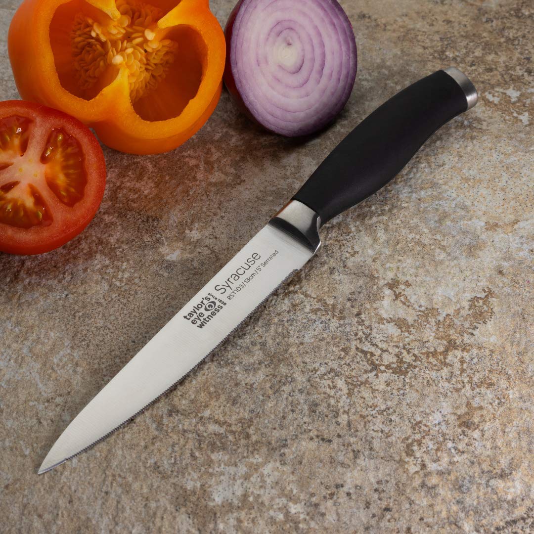 Taylors Eye Witness Syracuse Serrated Utility Kitchen Knife - Professional 13cm/5β Cutting Edge, Multi Use. Ultra Fine Toothed, Razor Sharp Blade. Soft Textured Grip Matte Black Handle.