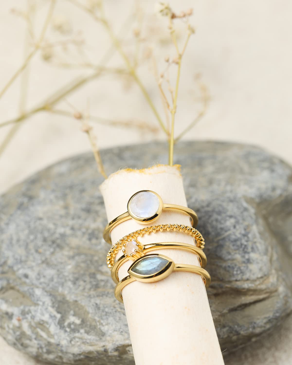 YoTreasure Moonstone Labradorite Love Ring Gold Over Silver Stackable Rings Set