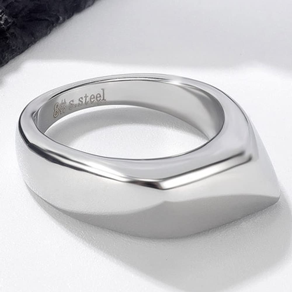 Stainless Steel Irregular Geometric Signet Style Wedding Band Statement Promise Pinky Ring (Silver, 9)