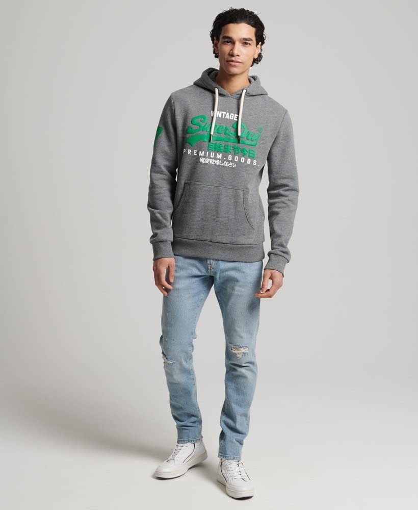 Superdry Mens Vintage Logo Classic Hoodie, Relaxed Fit, Front Pocket Rich Charcoal Marl Size M