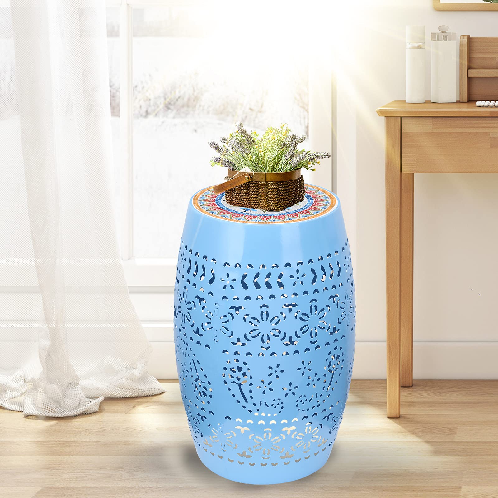 Patio Accent Table Outdoor Mosaic Side Table Metal End Table Lace Cut Outside SideTable with Tile Top Outdoor Coffee Table Garden Stool