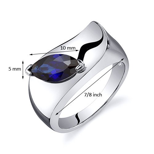 PEORA Created Blue Sapphire Ring in Sterling Silver, 1.25 Carats, Marquise Shape, 10x5MM, Sizes 5-9