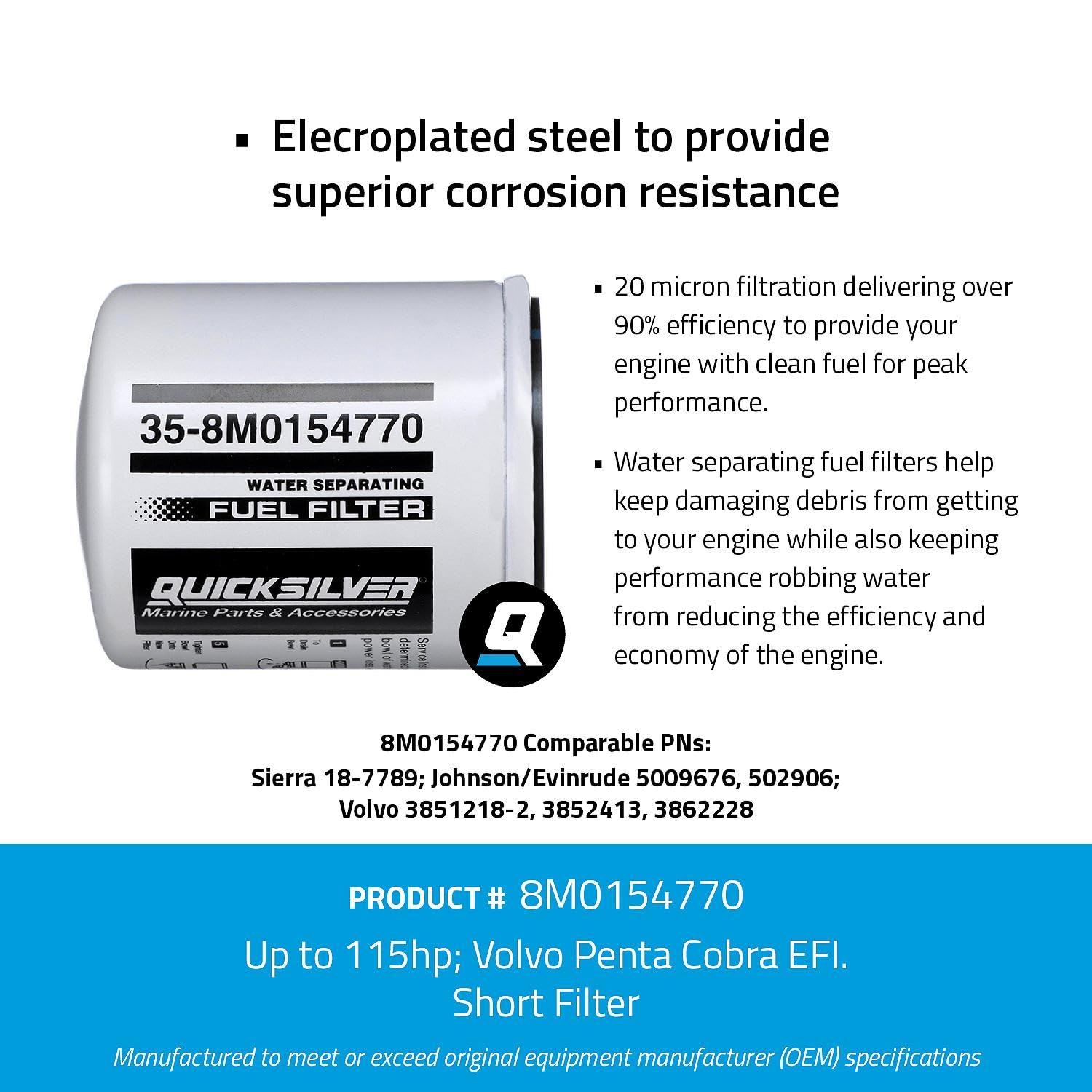 Quicksilver 8M0154770 Water Separating Fuel Filter for Select Volvo Penta, Cobra EFI, Johnson/Evinrude 100-300 Hp Outboards
