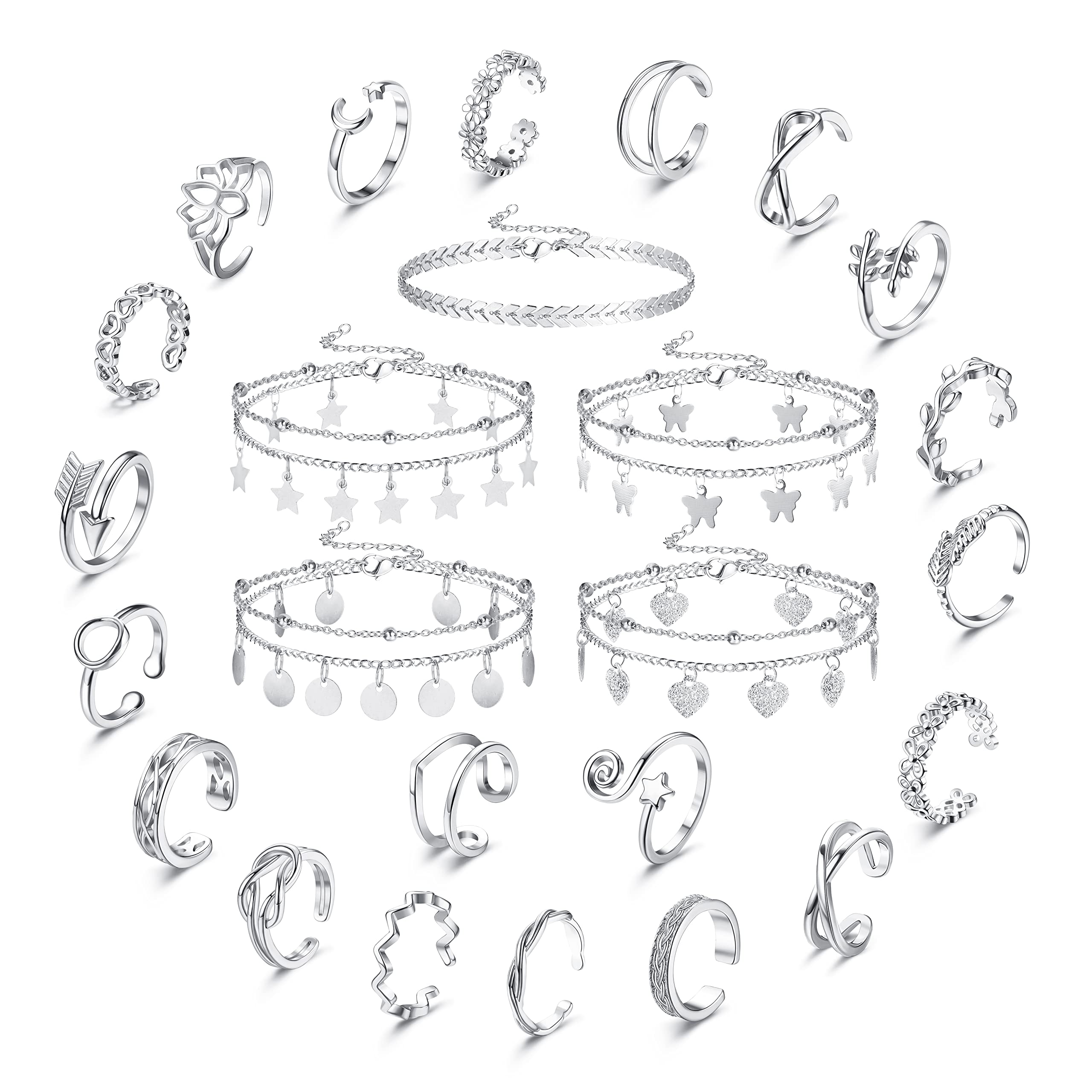 UBGICIG 25 Pcs Toe Rings and Ankle Bracelets for Women Silver Layered Anklets Open Adjustable Toe Rings for Summer Beach Foot Jewelry