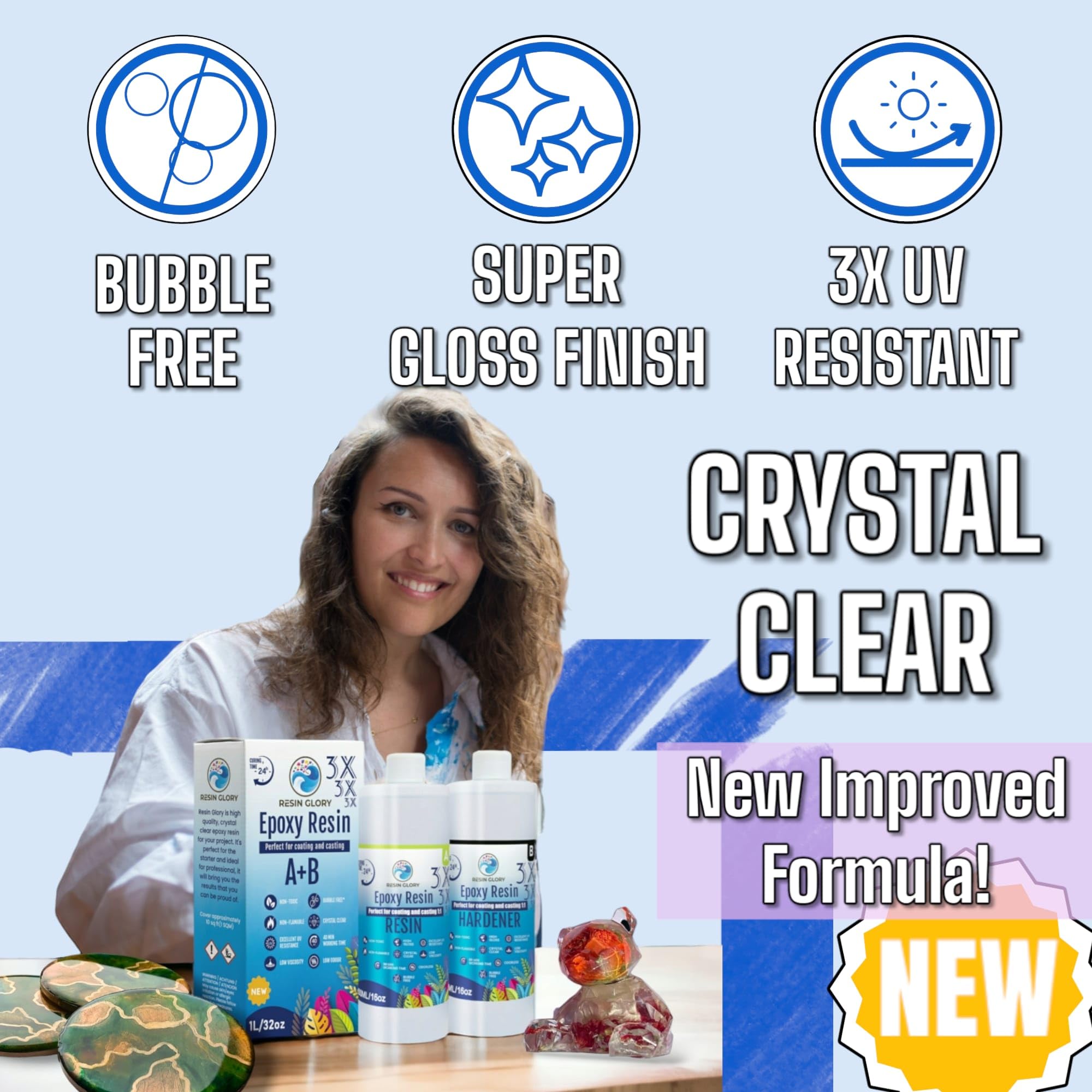 RESIN GLORY Epoxy Resin Kit - 32OZ 1:1 Ratio Crystal Clear Resin for Art Coating Craft Casting - Jewelry Making, River Table, Coasters, Cheeseboard, DIY- Non-toxic, Self levelling, Heat & UV Resistant
