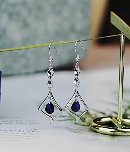 POLITENY Silver Dangle Drop Earrings for women hypoallergenic 14k Gold Plataed (sapphire blue)