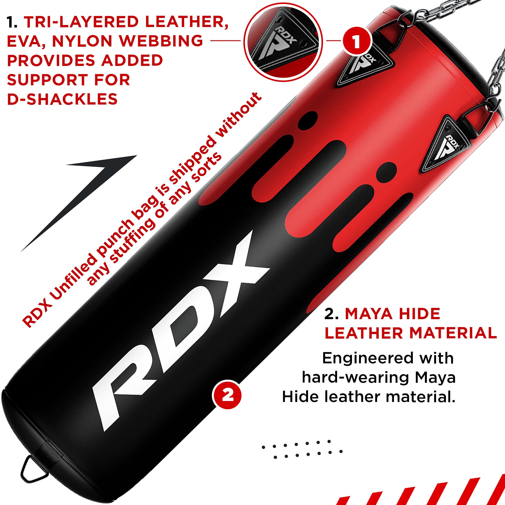RDX Punching Bag UNFILLED Set Muay Thai Training Gloves with Punch Mitts Hanging Chain, Great for MMA, Kick Boxing, Martial Arts, Available in 4FT 5FT (4ft)