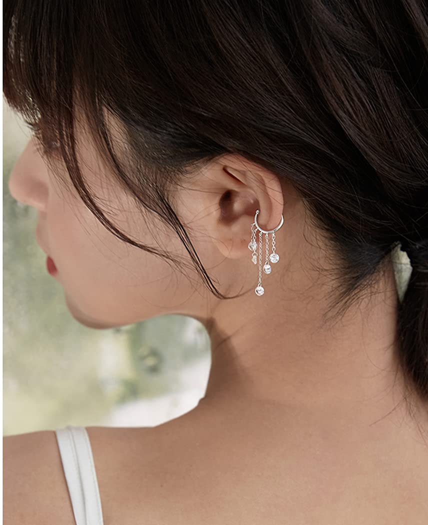 SLUYNZ 925 Sterling Silver Cuff Earrings Droplet Tassel Chain for Women No Piercing Cartilage Earrings Wrap (A-Silver)