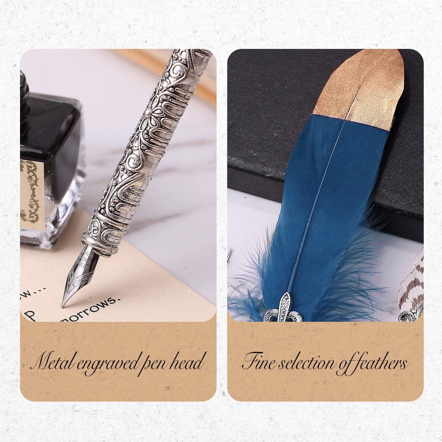 Quill Pen, Handmade Quill Feather Pen Set Antique Calligraphy Writing Quill Pen with Ink, Feather Pen with Ink and Steel Tips Calligraphy Set Quill Pen,6 Replacement Nibs/Contains ink(Navy Blue)1