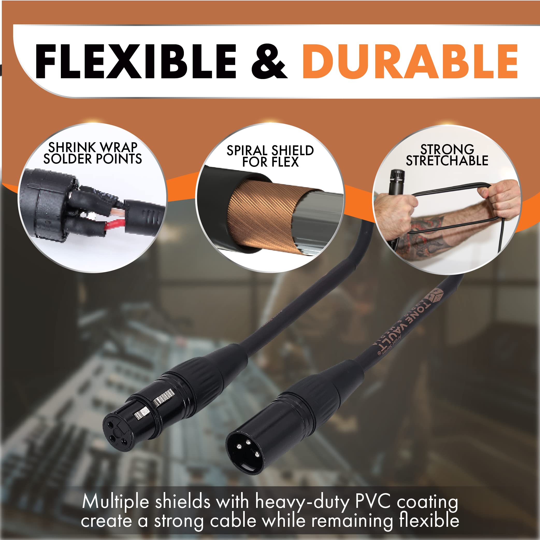 Tone Vault Audio & Media XLR Cables 15ft (1Pack), XLR Male to Female Mic Cable, 3 Pin Spiral Copper Duel 100% Shielded Microphone Cable with Oxygen Free Copper (OFC) Mic Cord for Amplifiers & Speakers