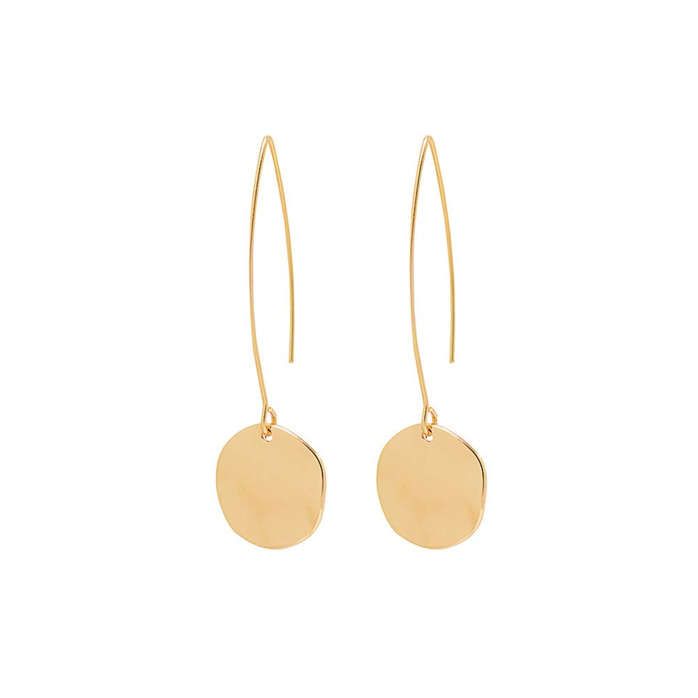 Shiny Hammering Circle Disc Small Dangle Drop Hanging Earrings Long Hoops Round Jewelry for Women (Gold Disc Earrings)