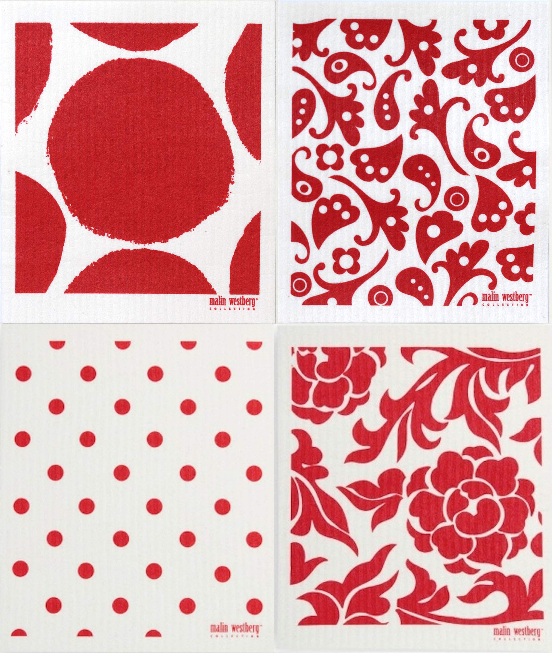 Trendy Tripper Swedish Dishcloths/Sponge Cloths - Packs of 4 Different Designs in RED (4 Red: Blommors/Cirkus/Fiddeli/Hearts)