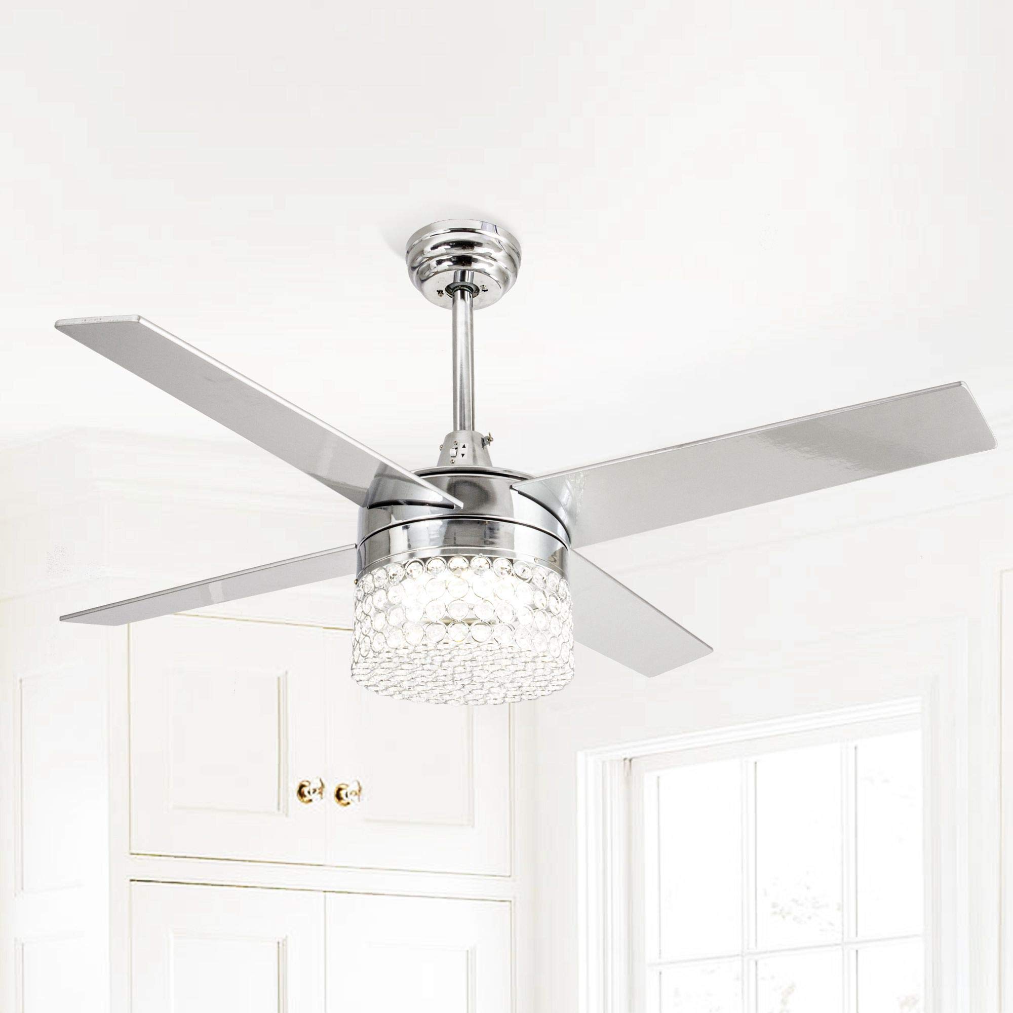 Parrot Uncle Ceiling Fans with Lights and Remote Modern Bedroom Ceiling Fan with Light Crystal Chandelier Ceiling Fans with LED Light, 48 Inch, Chrome