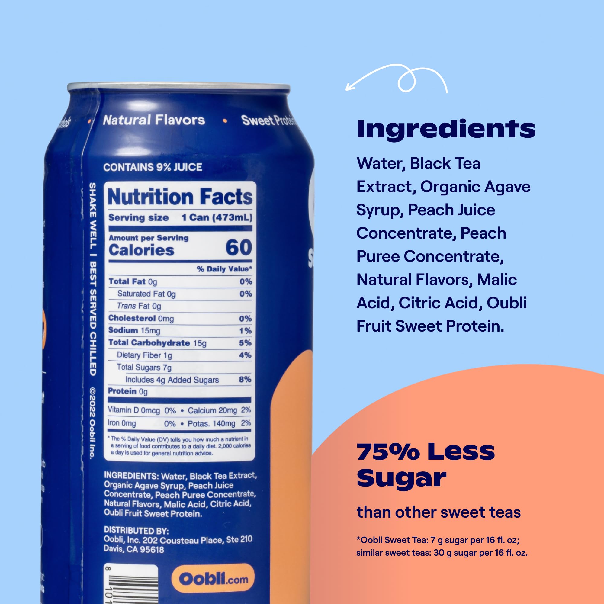 Oobli Sweet Iced Tea Lemon/Peach/Mango Variety Pack (Black Tea and Green Tea) - Low Sugar, Vegan, 50-60 Calories, 16 Fl Oz (6 Pack)