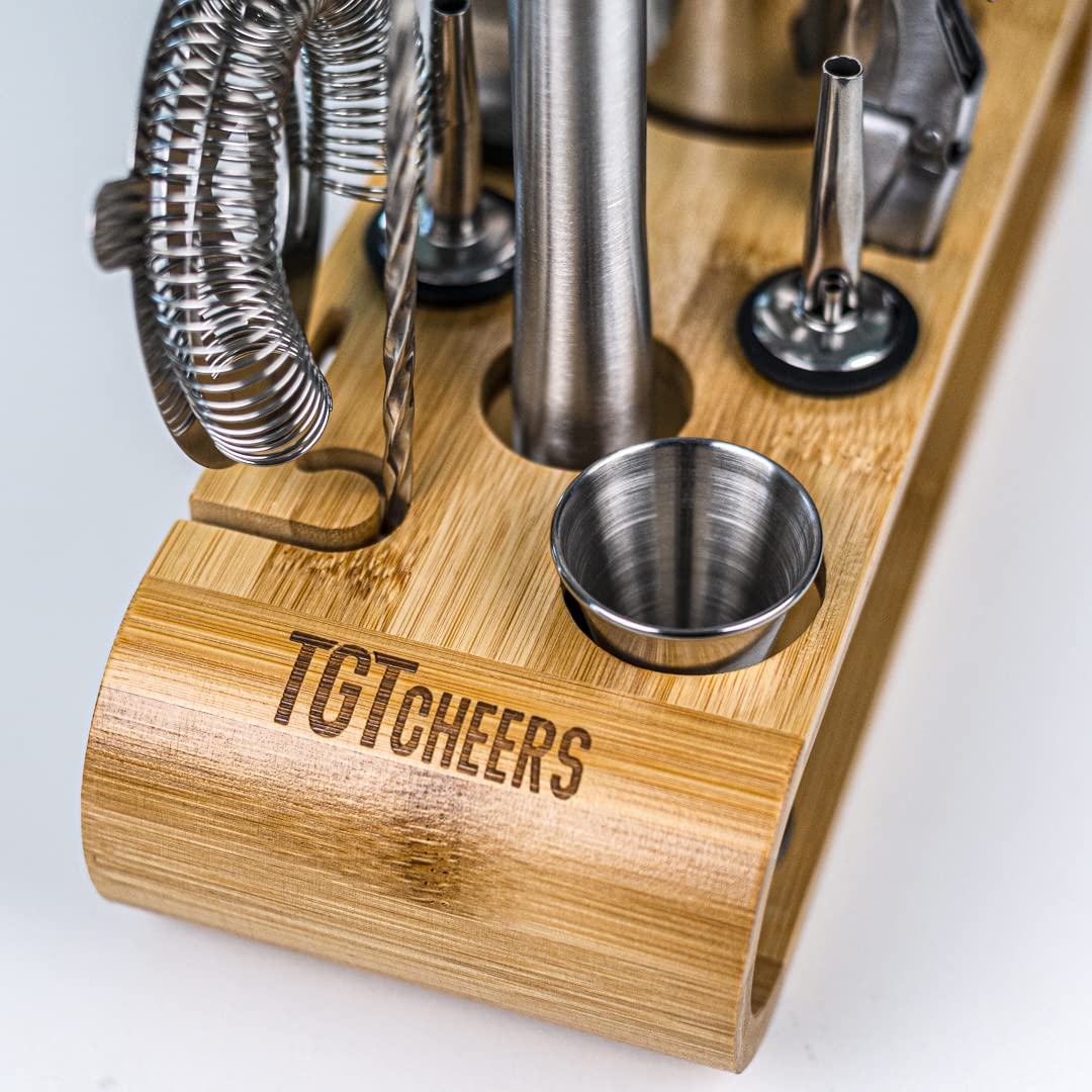 TGT CHEERS Cocktail Shaker Set with Stylish Bamboo Stand 11-pcs | Home Mixology Bartender Kit Gift Box | Cocktail Making Barware tool Set Mixer 25 oz Coctelera Perfect for Home Christmas Gift for him