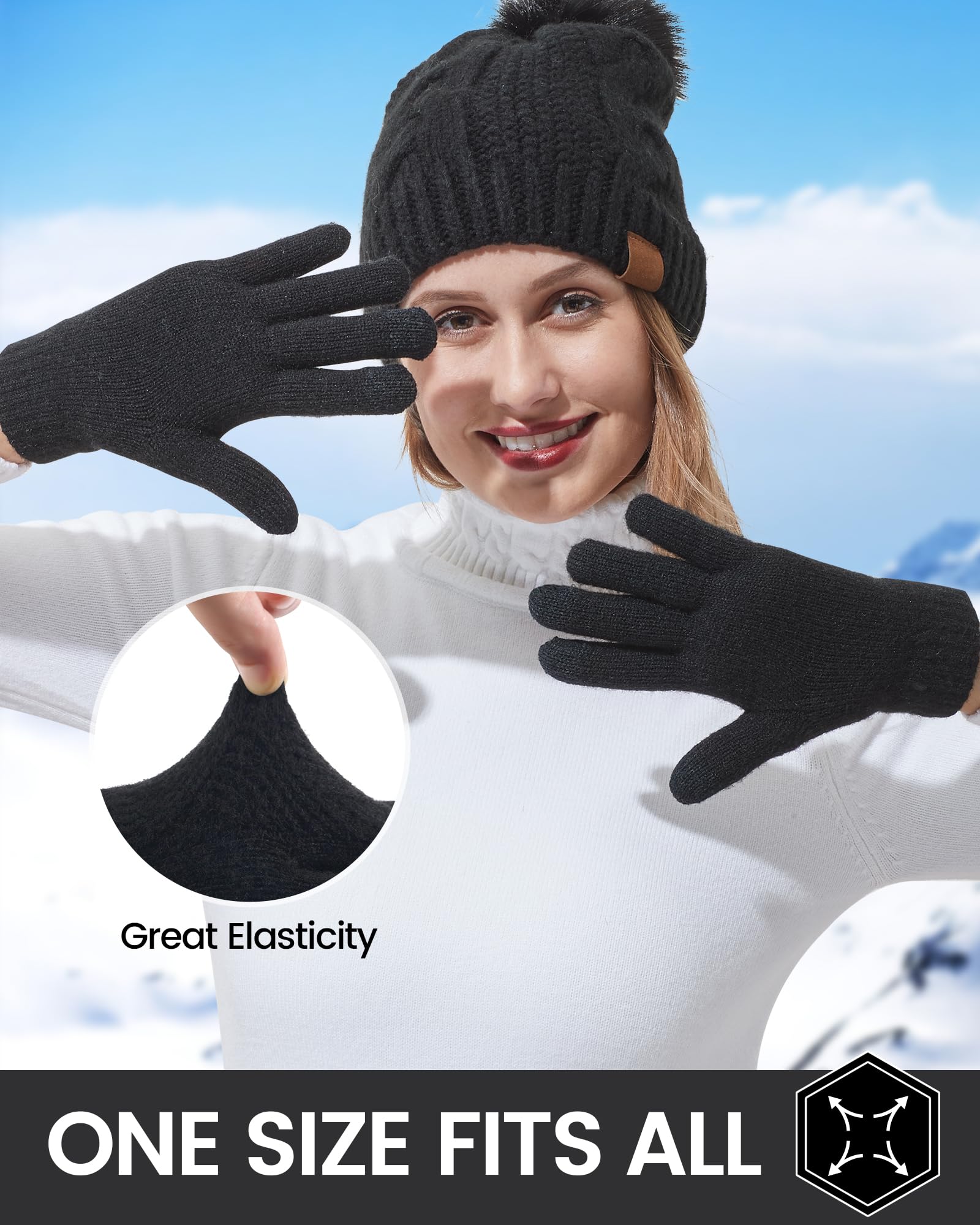 REACH STAR Winter gloves for women, 3-Finger Touch screen Dual-Layer Cashmere Elastic Thermal knit Lining, Warm Gloves for Cold weather,Running,Driving(Black)