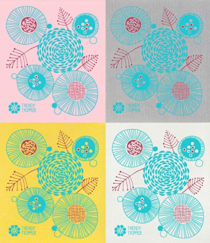 Trendy Tripper Jenn Ski Reusable Swedish Dishcloths/Sponge Cloth MID-Century Modern Abstract Designs Set of 4 (4-Pk MCM Floral Turquoise/Red)