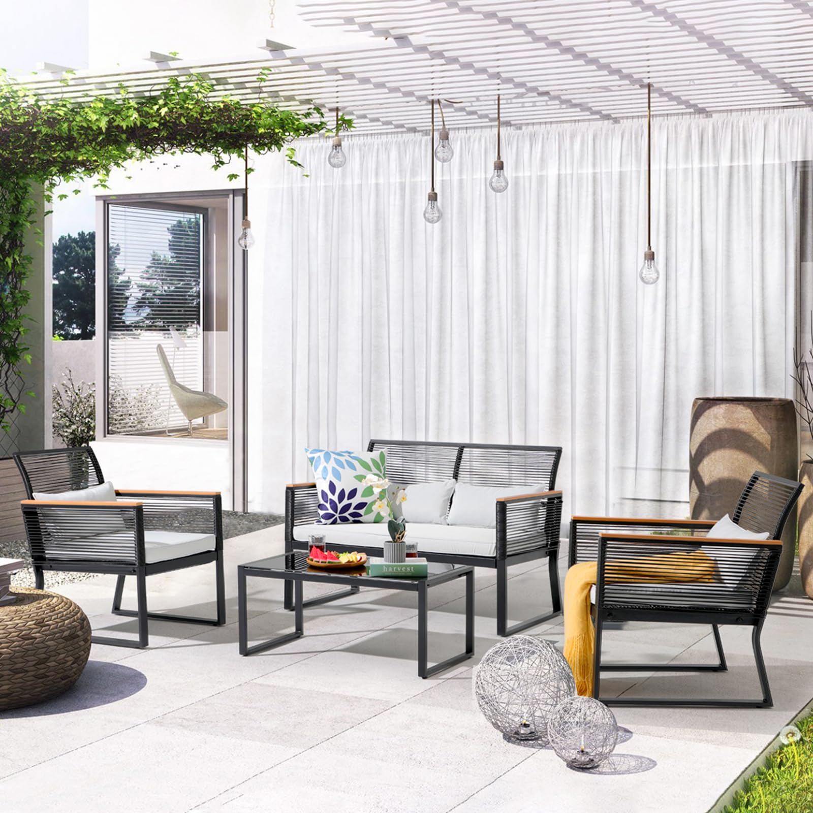 Patiorama 4 Piece Patio Furniture Set, Outdoor Wicker Bistro Set, All-Weather Black PE Rattan Conversation Set w/Coffee Table, Loveseat, Wood-like Armrest, Cushions for Garden Balcony Deck, Light Grey
