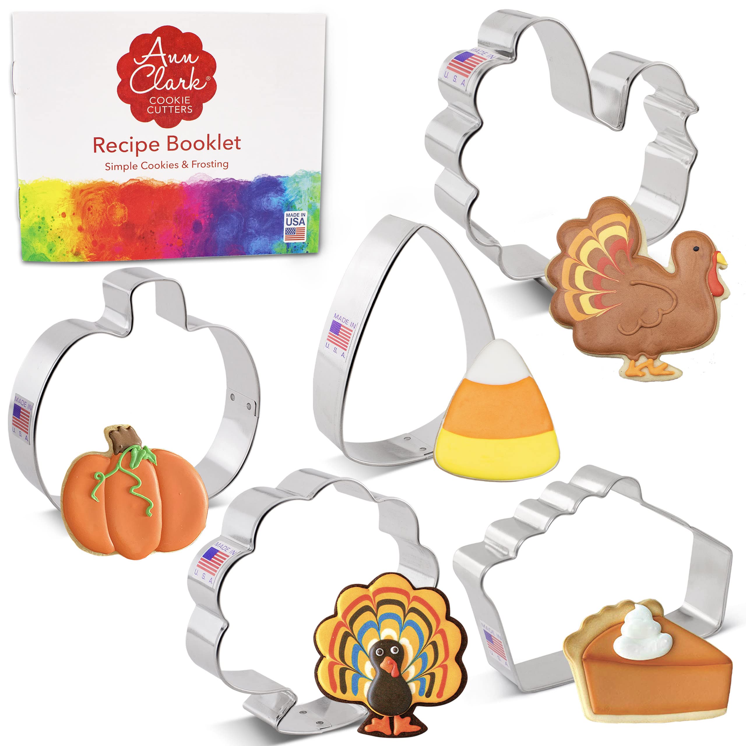 Thanksgiving Feast Cookie Cutters 5-Pc. Set Made in the USA by Ann Clark, Turkey, Pie Slice, Pumpkin, Candy Corn
