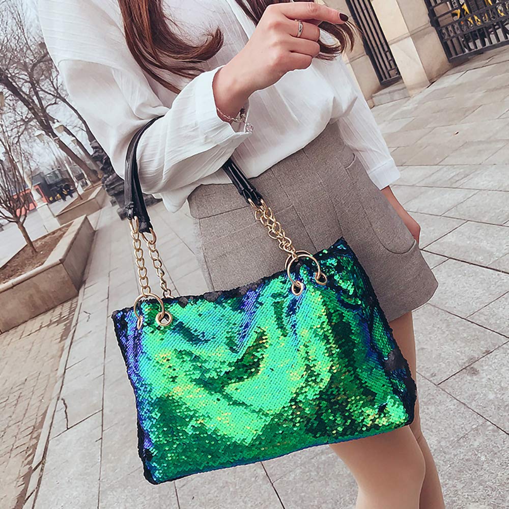 QTKJ Fashion Two Tone Reversible Sequin Tote Bag Zipper Shoulder Bag with Chain and Leather Straps (Green)