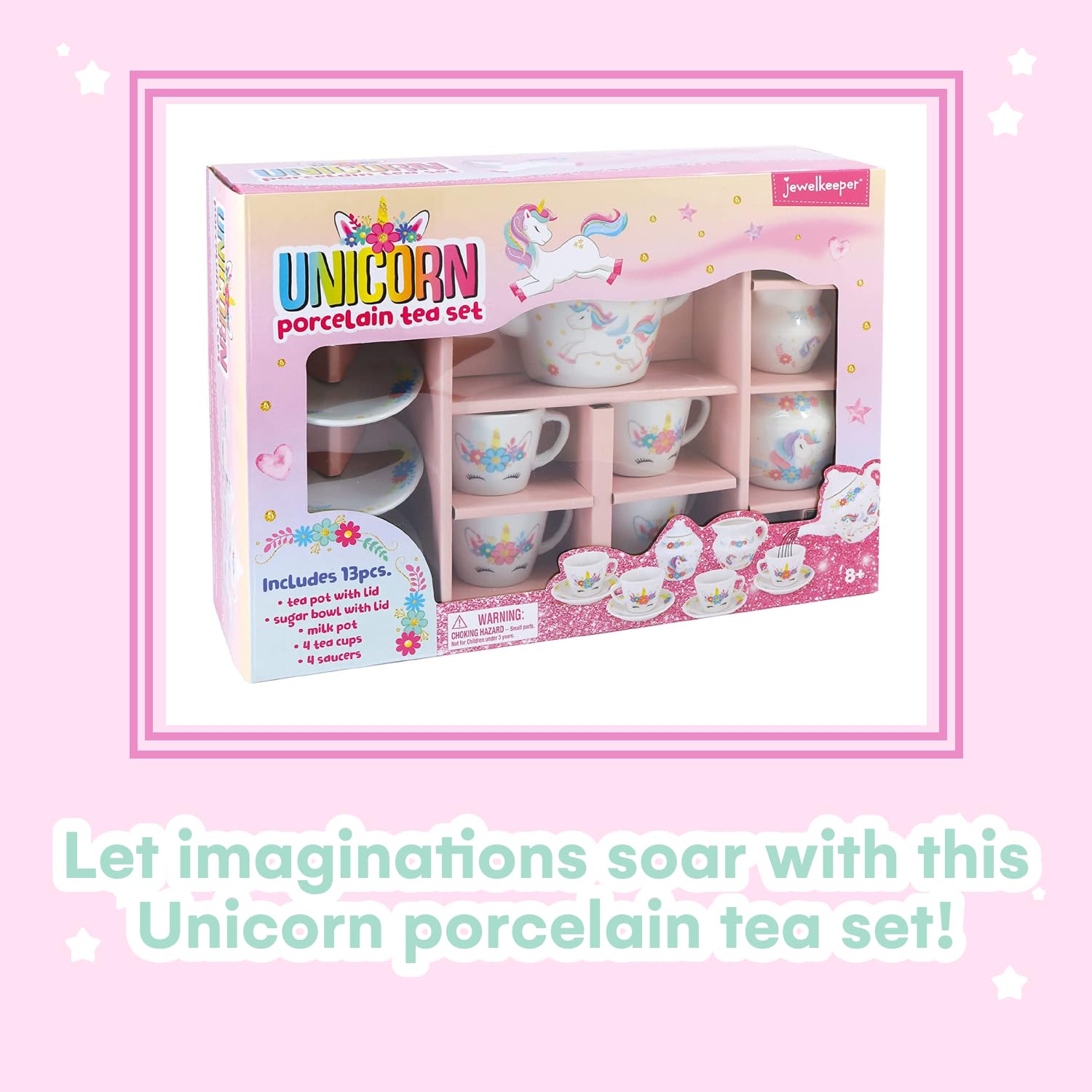 Porcelain Tea Set for Girls - Pink Ceramic Tea Cups with Pink Box - Tea Glass Toy for Kids and Girls Tea Party - Ideal Gift for Toddlers and Children's Ages 3 Years Old - Unicorn Design, 13 Pieces