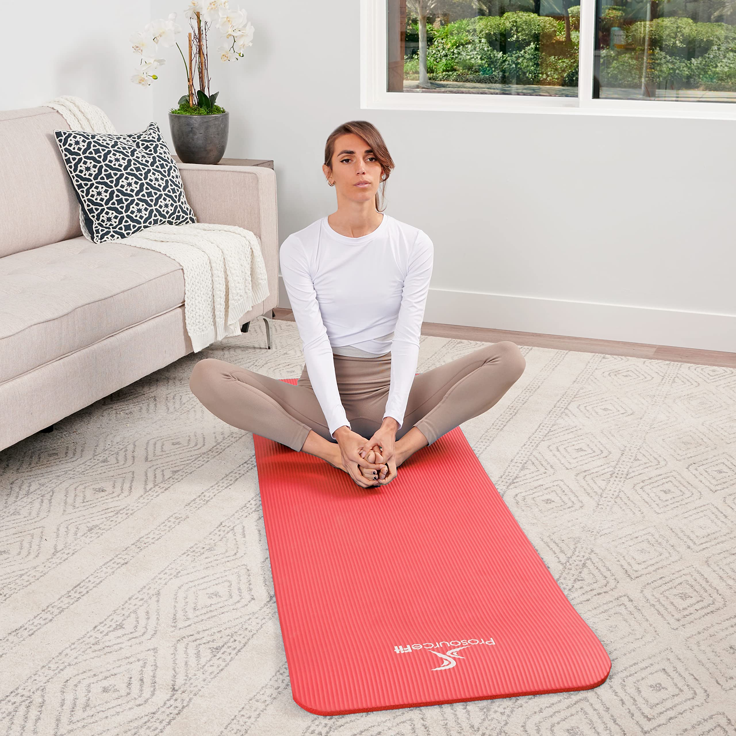 ProsourceFit 1/2 in Extra Thick Yoga Pilates Exercise Mat, Padded Workout Mat for Home, Non-Sip Yoga Mat for Men and Women, Red, 71 in x 24 in