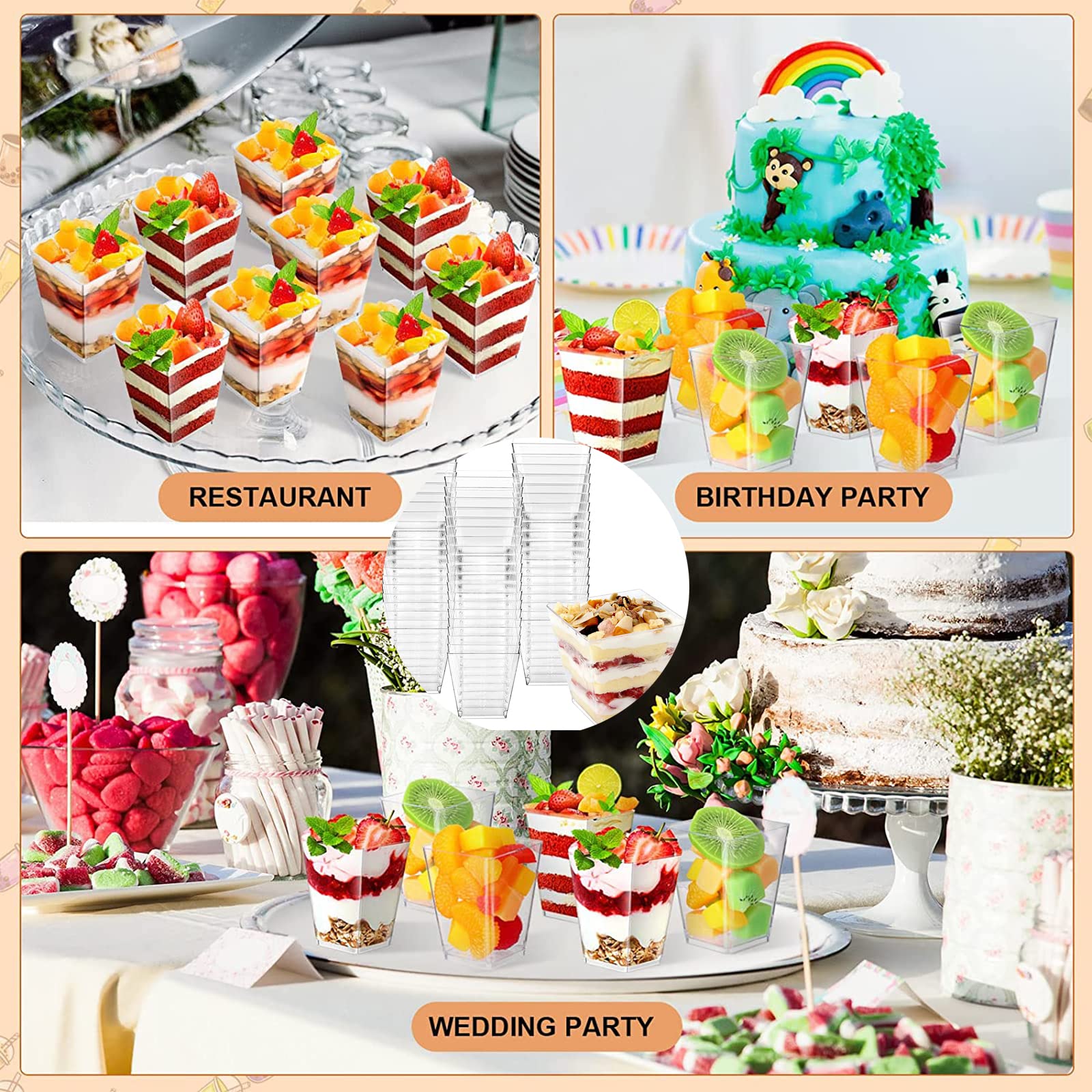 WAIZHIUA 50Pcs Plastic Dessert Cups, 5.4OZ Mini Square Dessert Cups Clear Parfait Appetizer Cup Reusable Multiuse for Desserts Pudding Mousse Christmas Party Supplies(with 50Pcs Spoons)