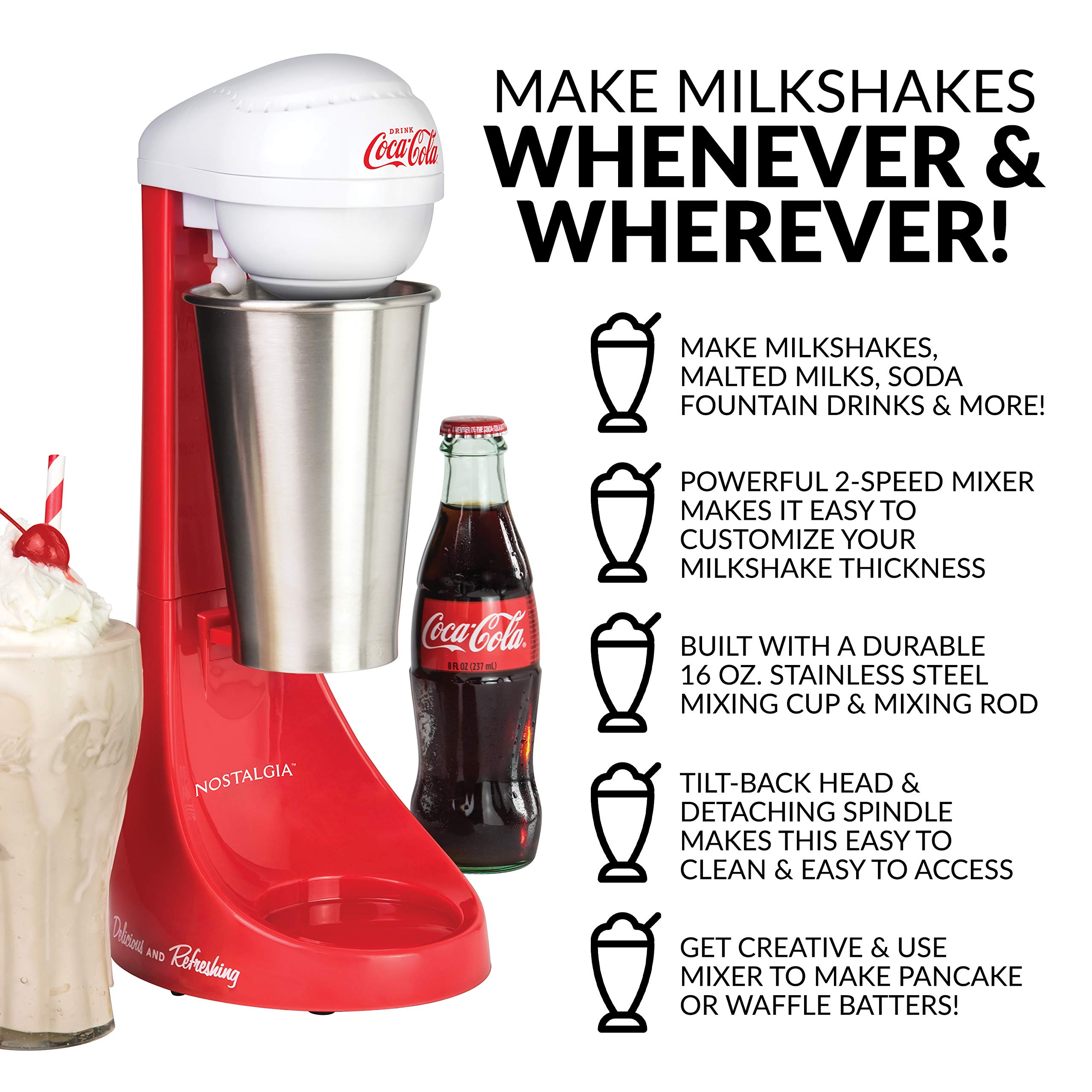 Nostalgia Extra Large Diner-Style Coca-Cola Hot Dog Steamer and Bun Warmer (24 Hot Dog and 12 Bun Capacity) and Nostalgia Two-Speed Electric Coca-Cola Limited Edition Milkshake Maker and Drink Mixer