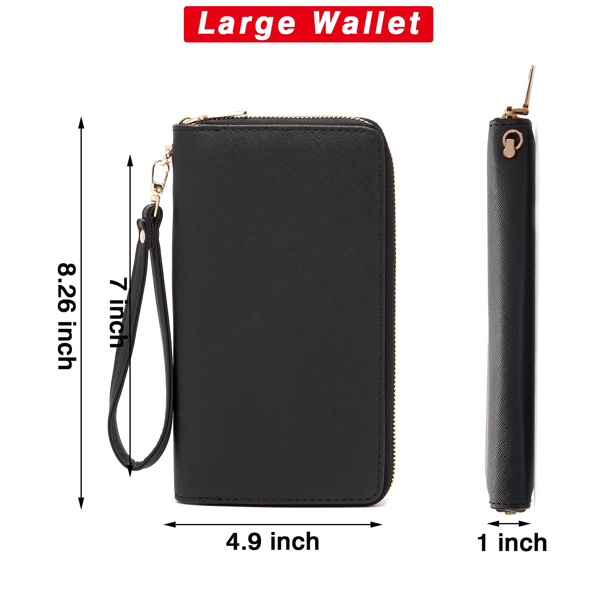YZAOLL Women's Wallet RFID Blocking PU Leather Large Capacity Zip Around Credit Card Holder Cell Phone Checkbook Storage Bag Zipper Coin Purse,black