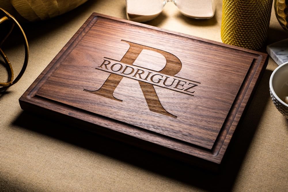 Walnut Artisan Personalized Cutting Boards, Custom Anniversary or Housewarming Gift Idea, Wood Engraved Charcuterie Board for Couples and Newlyweds, Initial Design 050