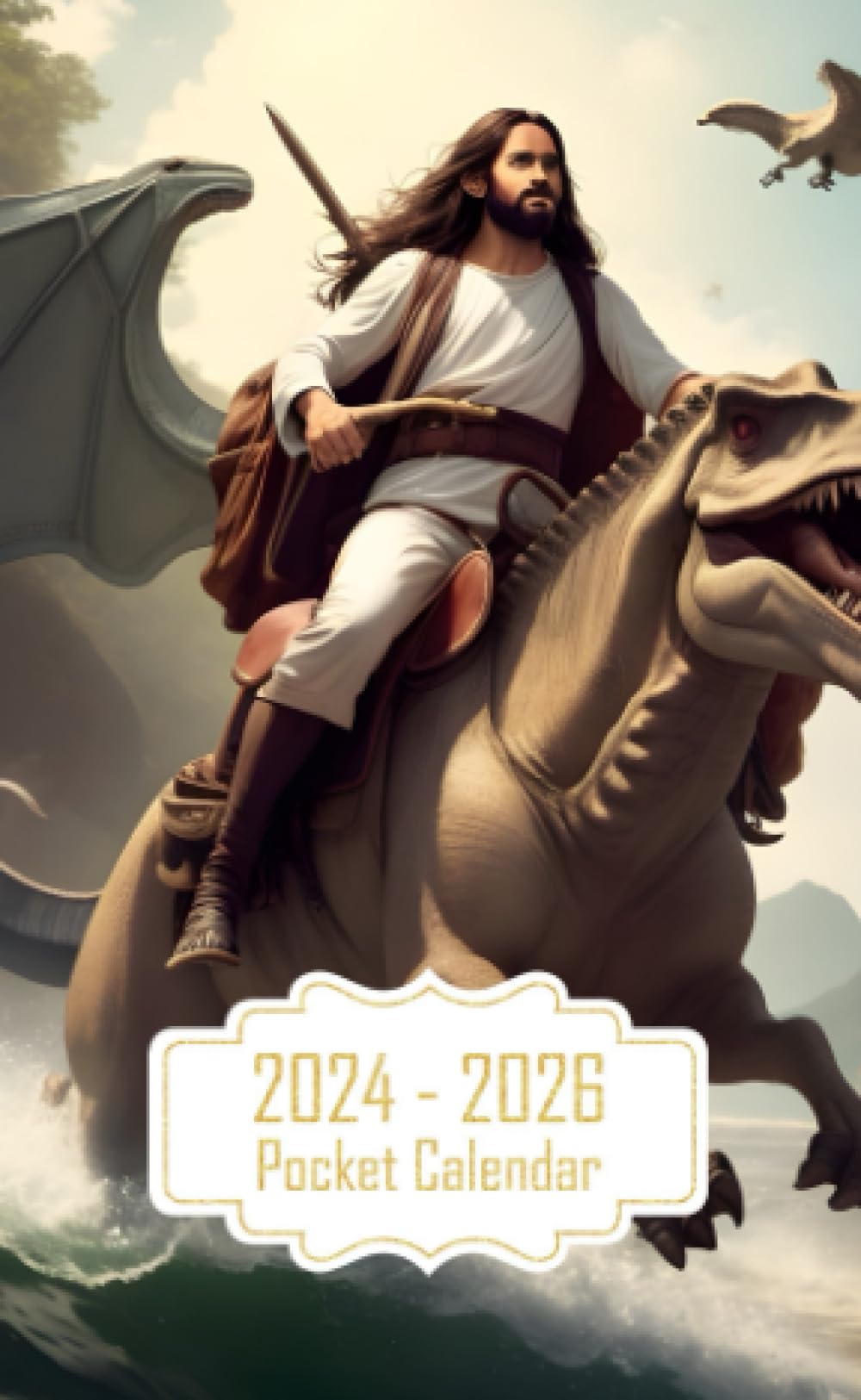 Pocket Calendar 2024-2026: Two-Year Monthly Planner for Purse , 36 Months from January 2024 to December 2026 | Jesus riding a dinosaur