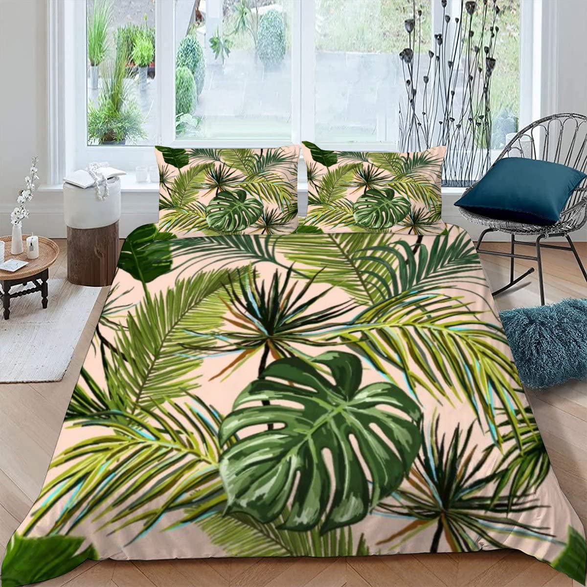 Quilt Cover Twin Size Palm Leaves 3D Bedding Sets Tropical Plants Duvet Cover Breathable Hypoallergenic Stain Wrinkle Resistant Microfiber with Zipper Closure,beding Set with 2 Pillowcase
