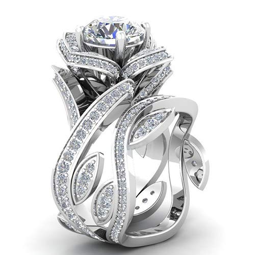 shiYsRL Exquisite Jewelry Ring Love Rings Women Romantic Gift Wedding Party Flower Leaf Shiny Zircon Knuckle Finger Ring Wedding Band Best Gifts for Love with Valentine's Day - White 7