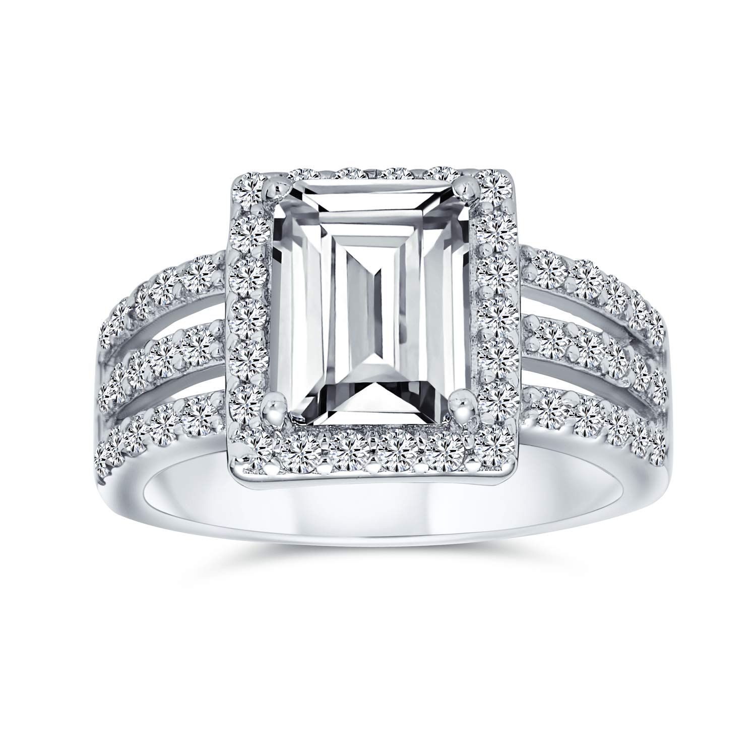 Personalize Art Deco Style 3CT Rectangle AAA CZ Emerald Cut Halo Engagement Ring For Women Wide Band .925 Sterling Silver Customizable