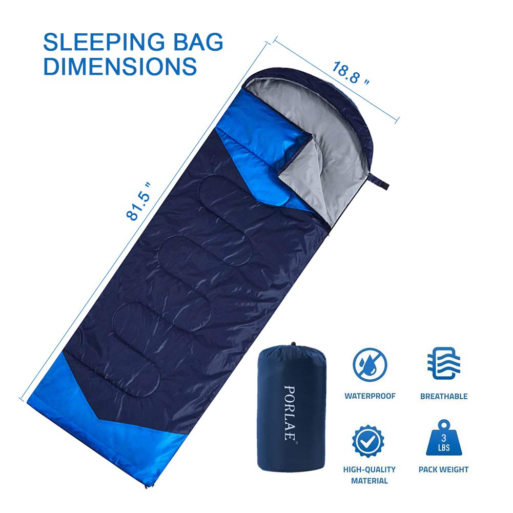 PORLAE Envelope Sleeping Bag Camping Lightweight Portable Waterproof Comfort with Compression Sack Great for Traveling Hiking Outdoor Activities (Single)