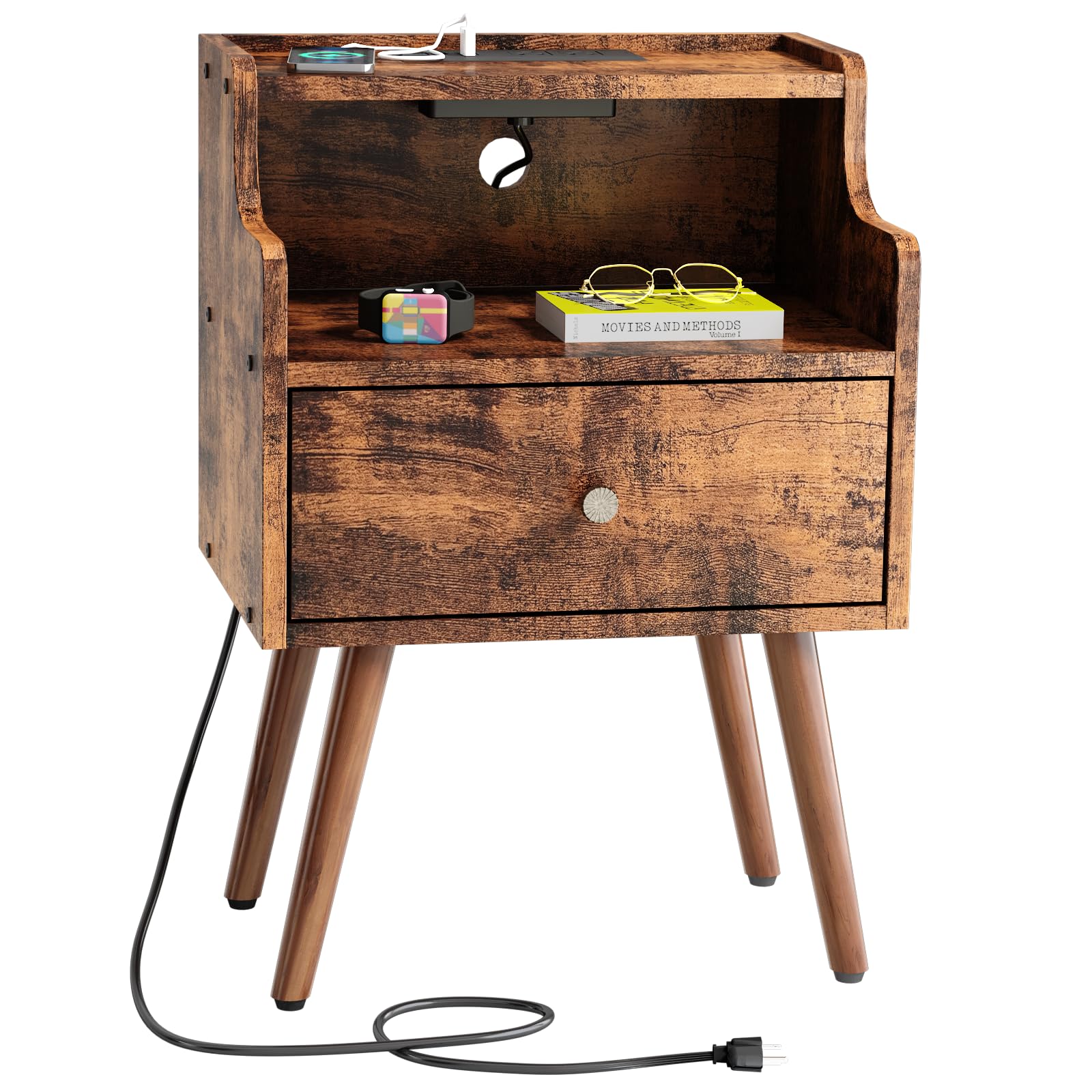 Nightstand with Drawer, Side Table with Charging Station, Mid-Century Modern End Table, 2-Tiers Storage Space Bedside Table with Solid Wood Legs, Black Night Stand for Living Room, Bedroom