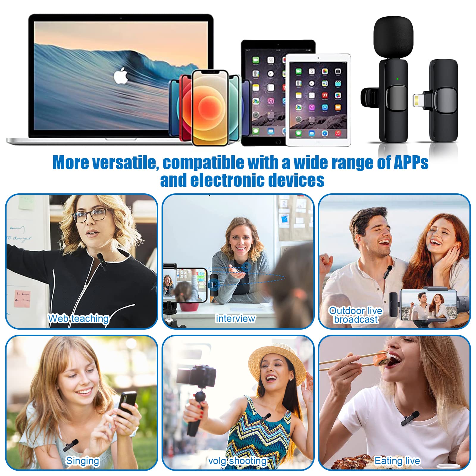 OPULENO 2 Pcs Wireless Lavalier Microphones for iPhone and iPad, Wireless noise-cancelling microphone, Professional Wireless Lavalier Microphone for Recording, Live Stream, YouTube, Facebook (Black)