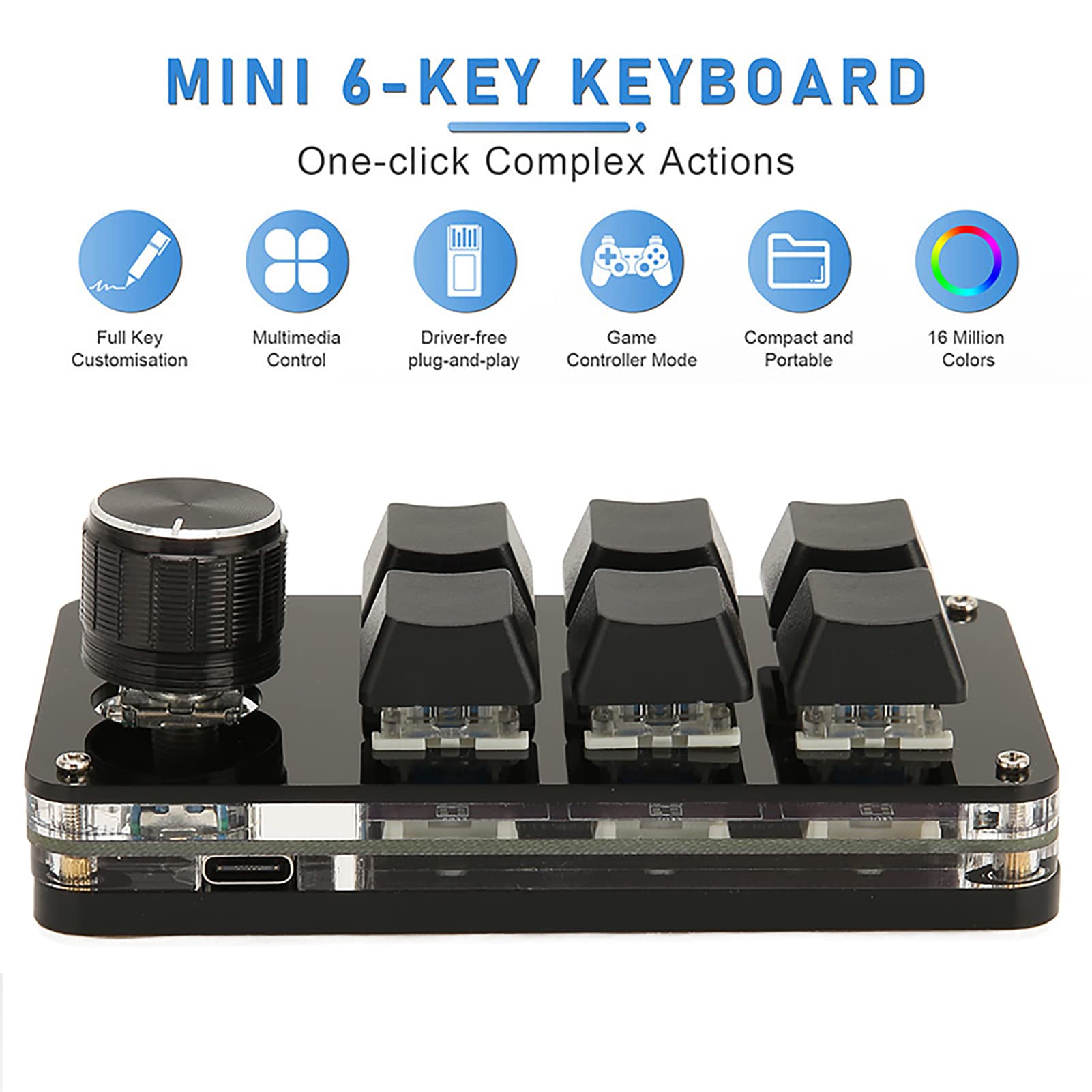 Yunseity Macro Mechanical Keyboard, 6 Keys Mini OSU Keyboard with Knob Design, Professional HID Programmable Macro Keypad for Gaming