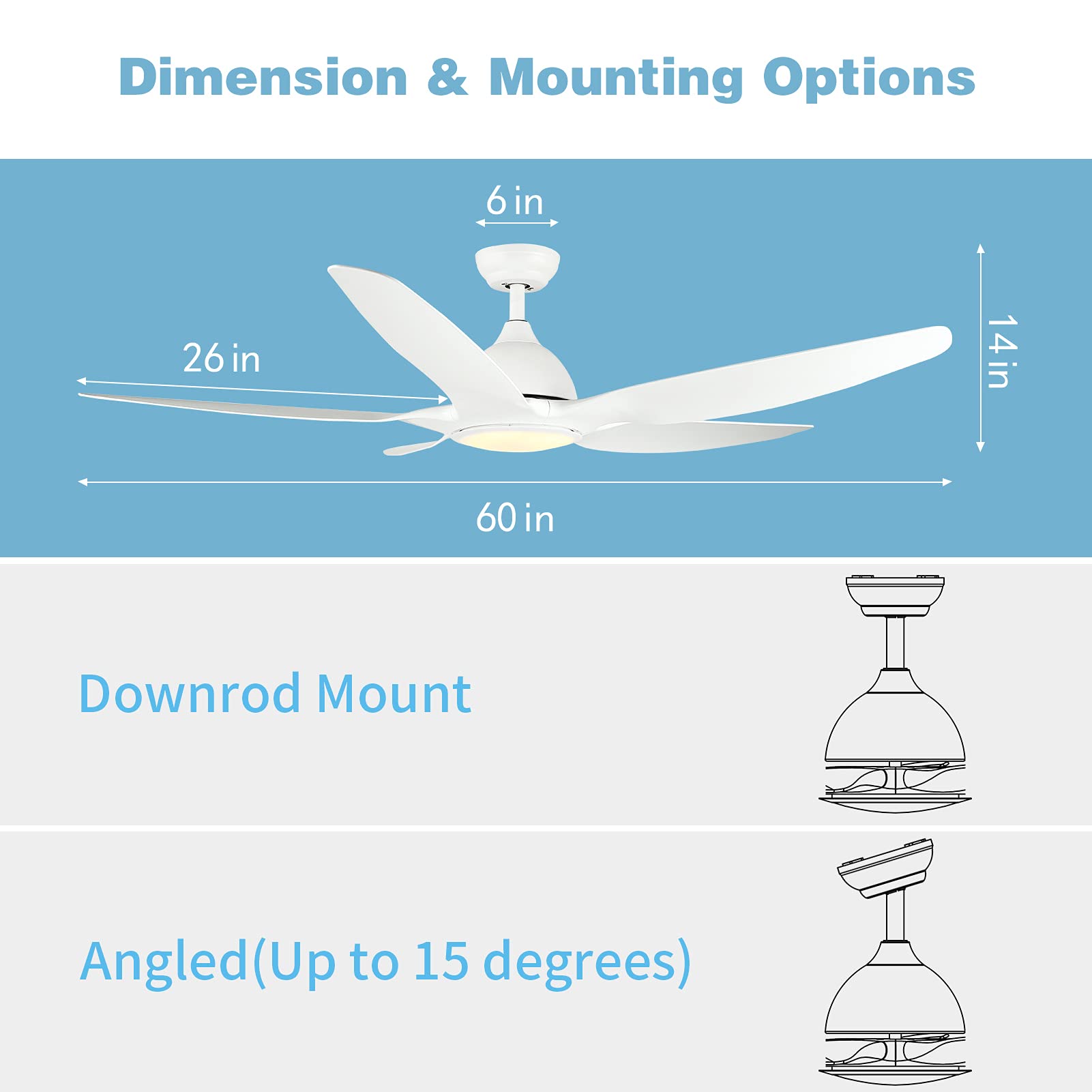 Newday 60" White Ceiling Fans with Light and Remote, Modern, Noiseless Reversible DC Motor, Large Indoor, Kitchen, Bedroom, Living Room