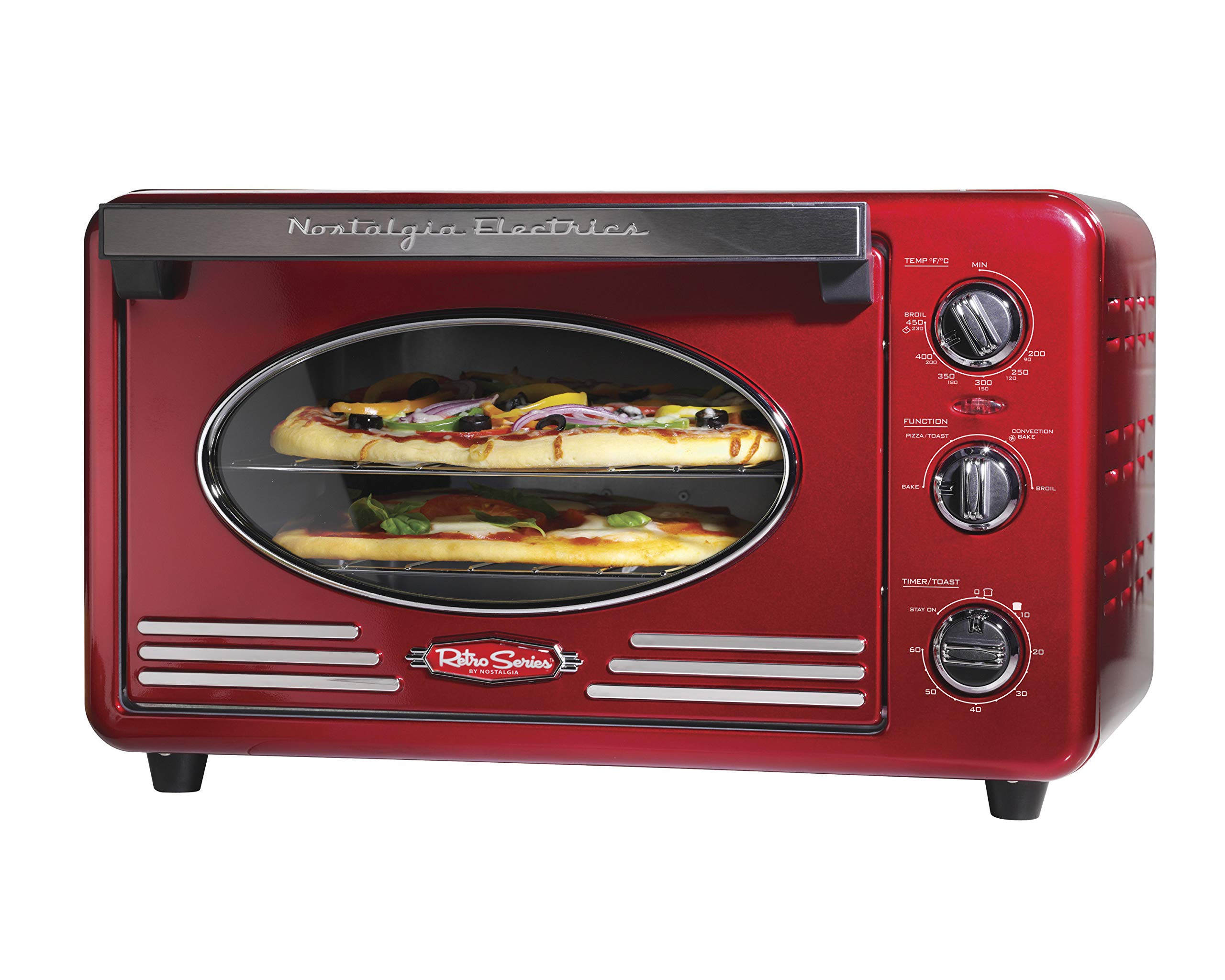 Nostalgia Retro Countertop Microwave Oven, 0.9 Cu. Ft. 800-Watts with LED Digital Display, Child Lock, Easy Clean Interior, Red & RTOV2RR Multi-Functioning Retro Convection Toaster Oven,Metallic Red