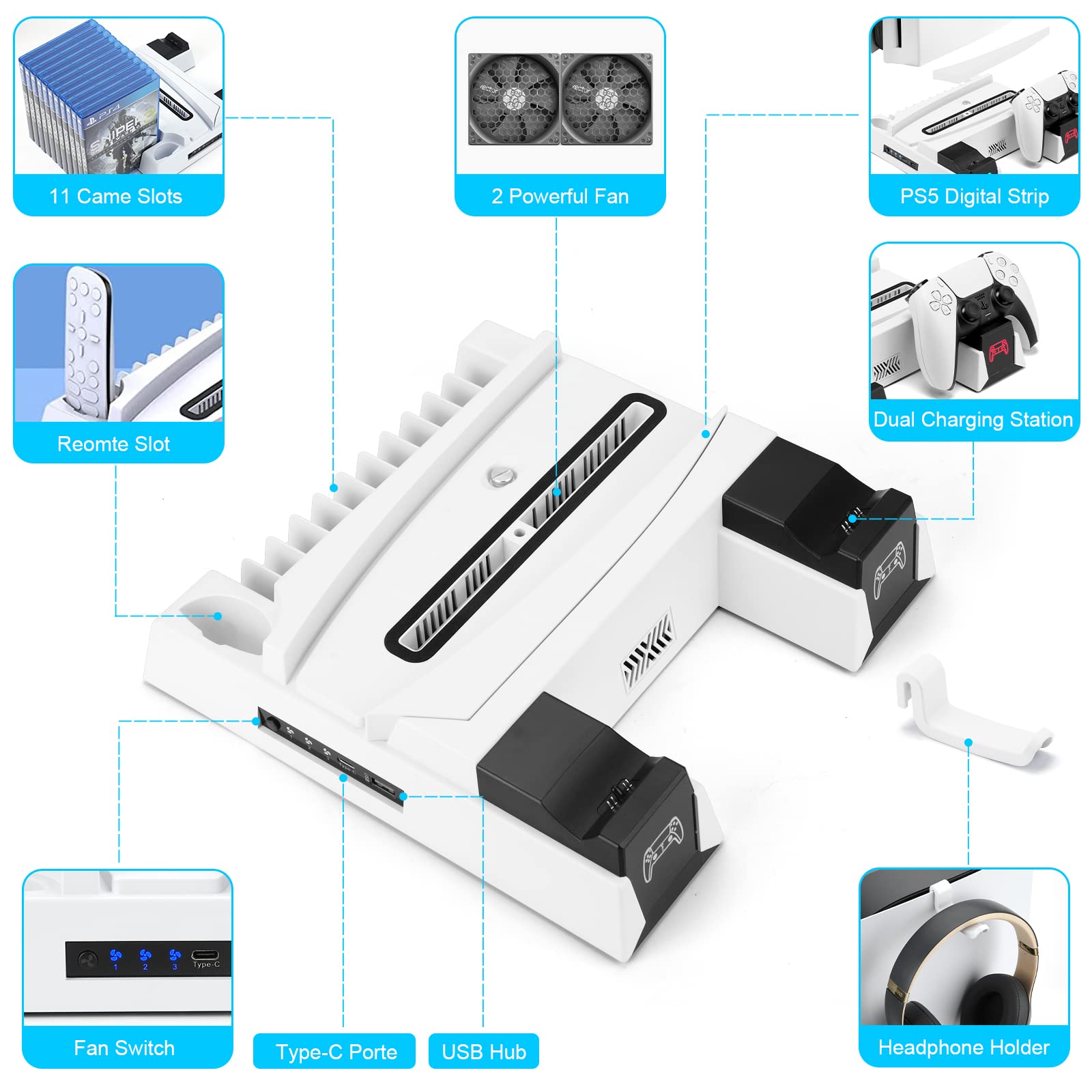 PS5 Accessories, PS5 Stand with Cooling Fan and Dual Controller Charger, Playstation 5 Digital & Disc Edition Vertical Stand, 3 Speeds Fan/Headset Holder/11 Game Slot (White)