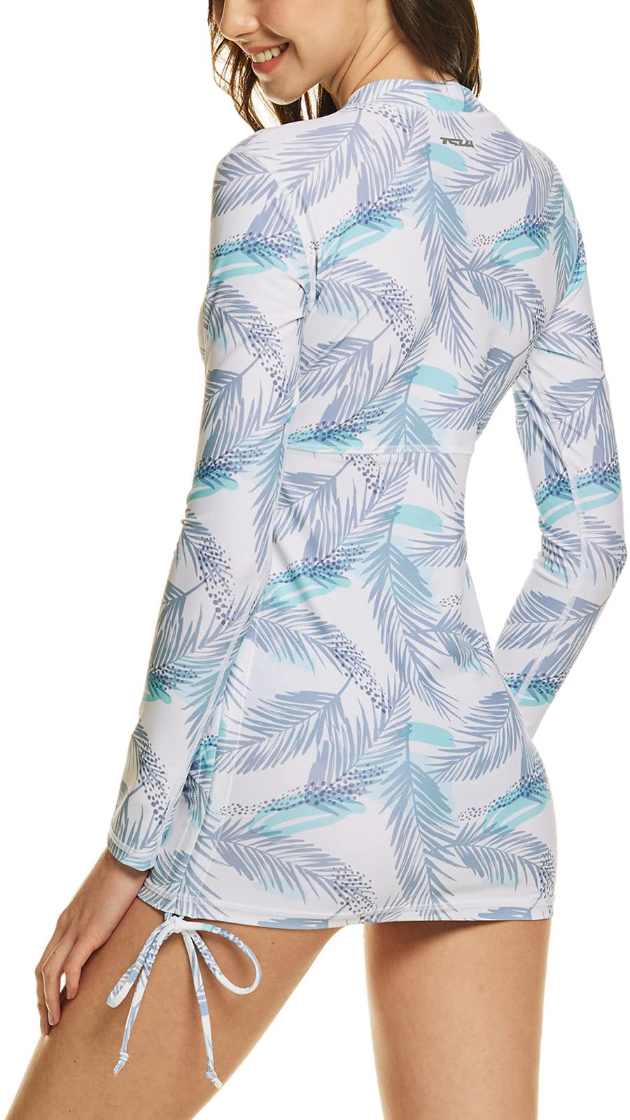 TSLA Women's Half-Zip Front Rash Guard, UPF 50+ Side Adjustable Long Sleeve Swim Shirts, Half Zip Long Sleeve Colorful Palm, Large