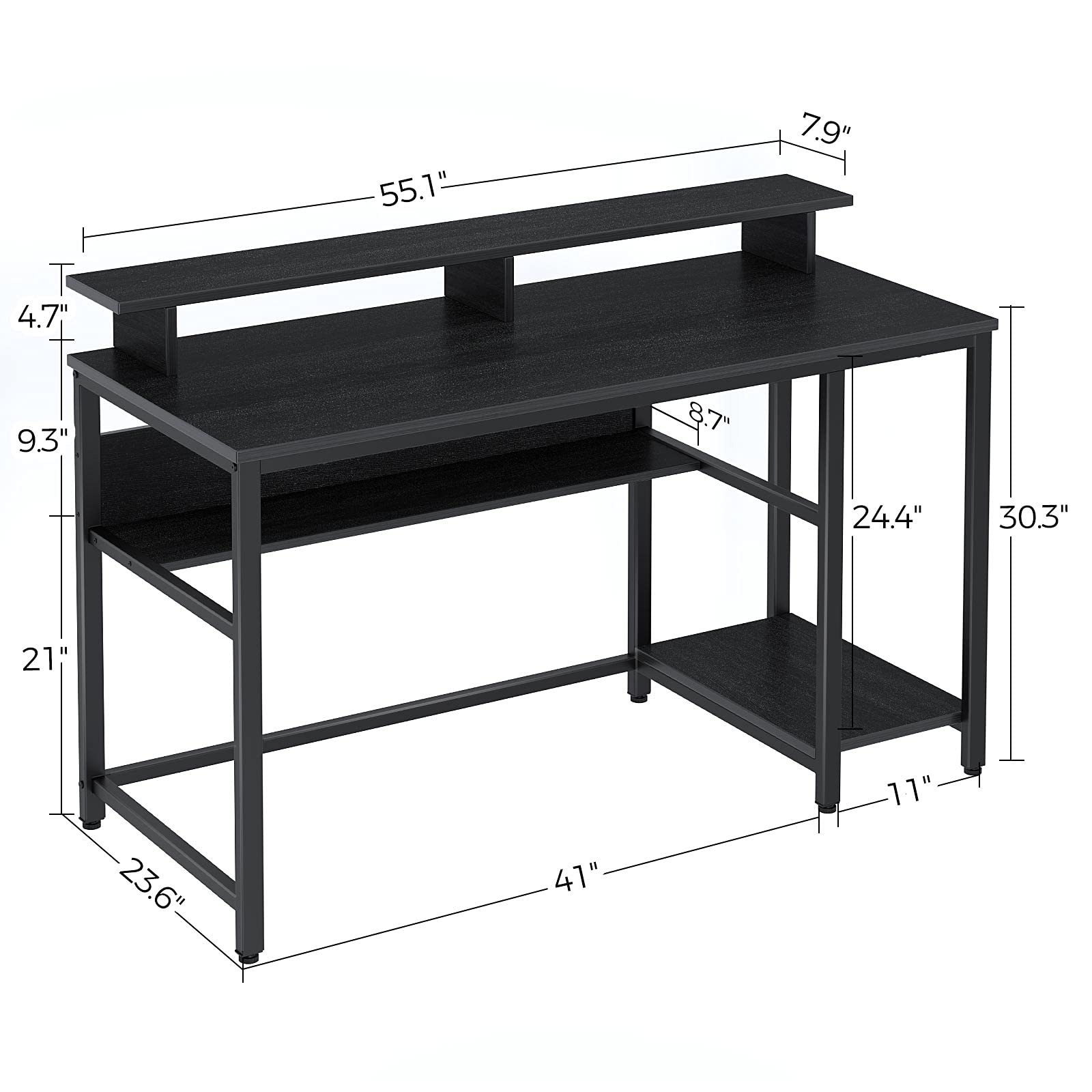 Rolanstar Computer Desk with Monitor Shelf, 55" Home Office Desk, Study Writing Desk, Sturdy Table, Workstation, Stable Metal Frame, Black