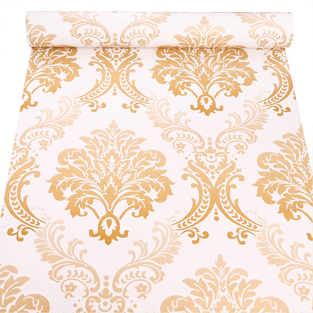 ZAMNEA Vintage Gold Damask Self-Adhesive Liner Paper, Luxury Peel and Stick Shelf Liner for Bedroom Living Room Wall Cabinets Surface Home Office Decoration 17.8 x 118 inch