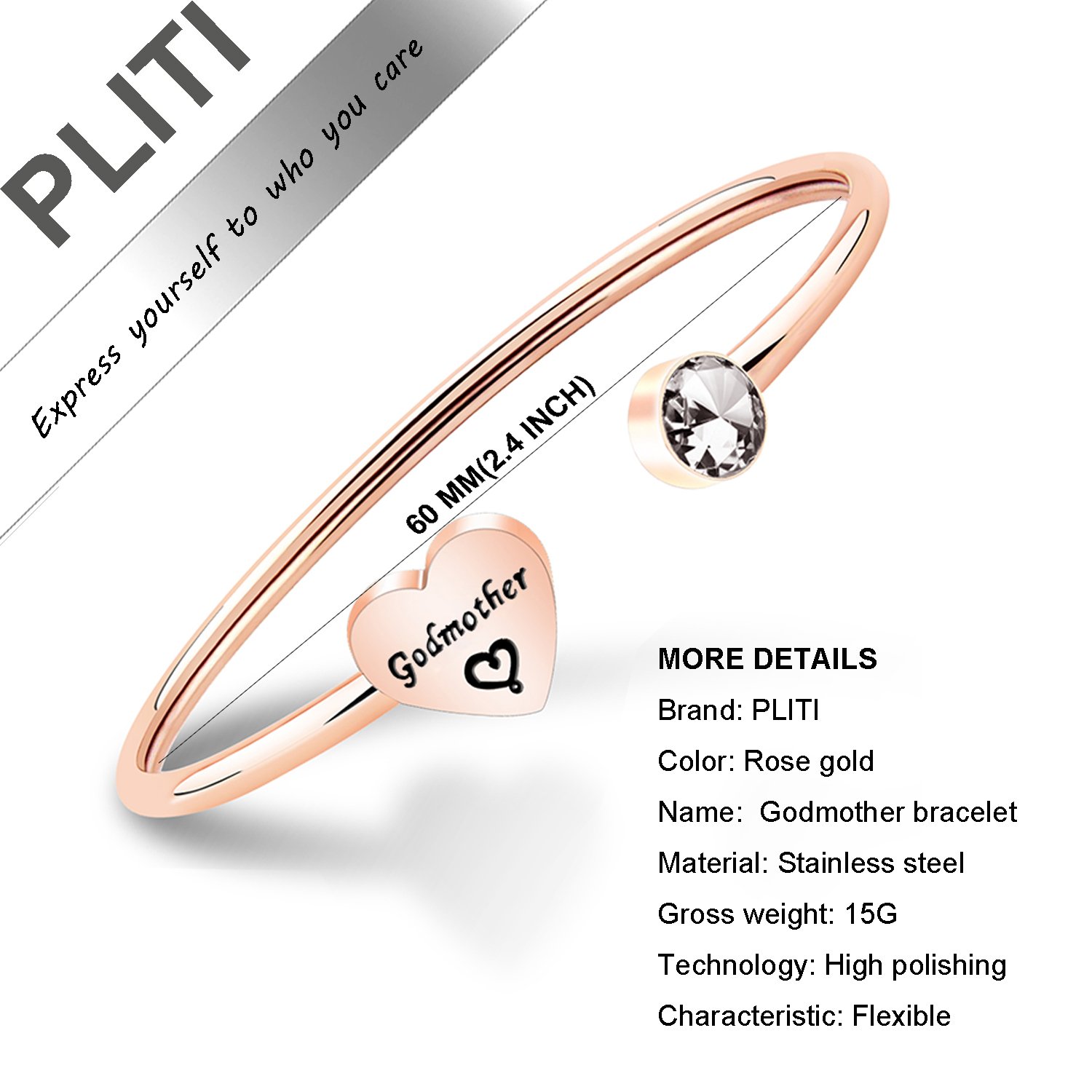 PLITI Godmother Bracelet Baptism Gift Religious Jewelry Mother's Day Gift For Godmother (Rose gold)