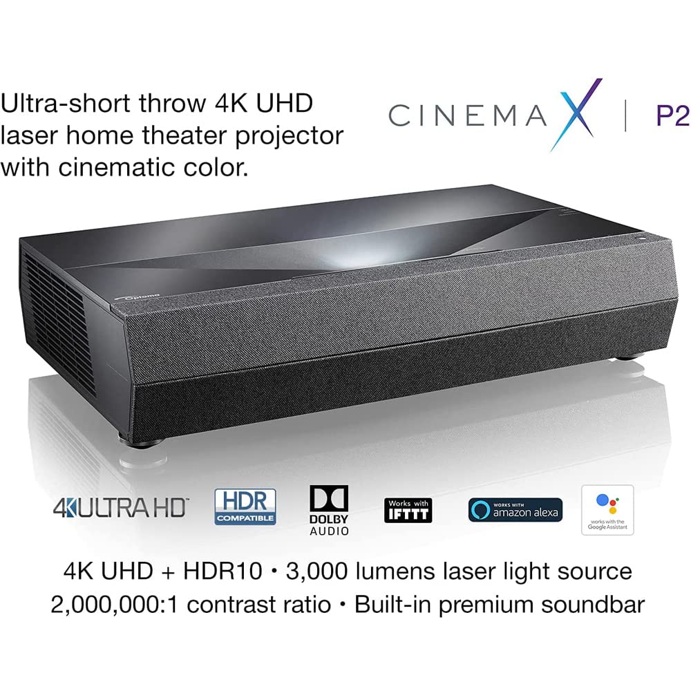 Optoma CinemaX P2 Smart 4K HDR UHD Laser All-in-One Home Entertainment System - Black Bundle with Minolta 120" Home Theater Projector Screen 16:9 Indoor Outdoor Folding with Mount Hooks
