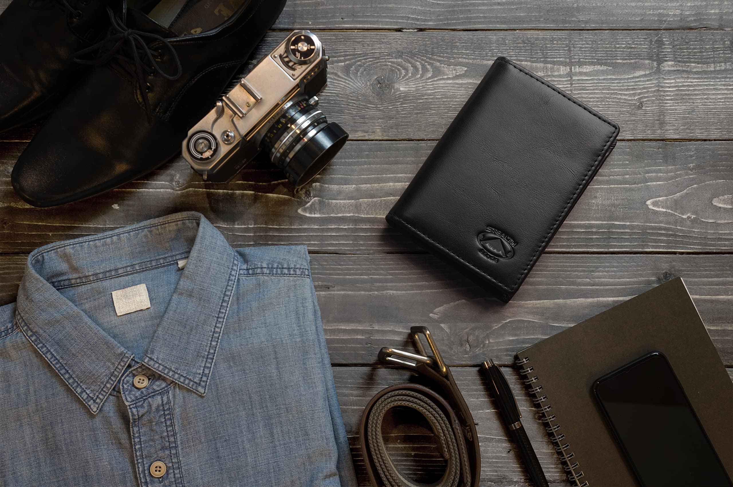 Stealth Mode Men's Slim Front Pocket Wallet - RFID Blocking, Thin Minimalist Bifold Design, Genuine Leather - ID Badge Window and 5 Sleeves for Money, Credit and Debit Cards, Driver's License - Black