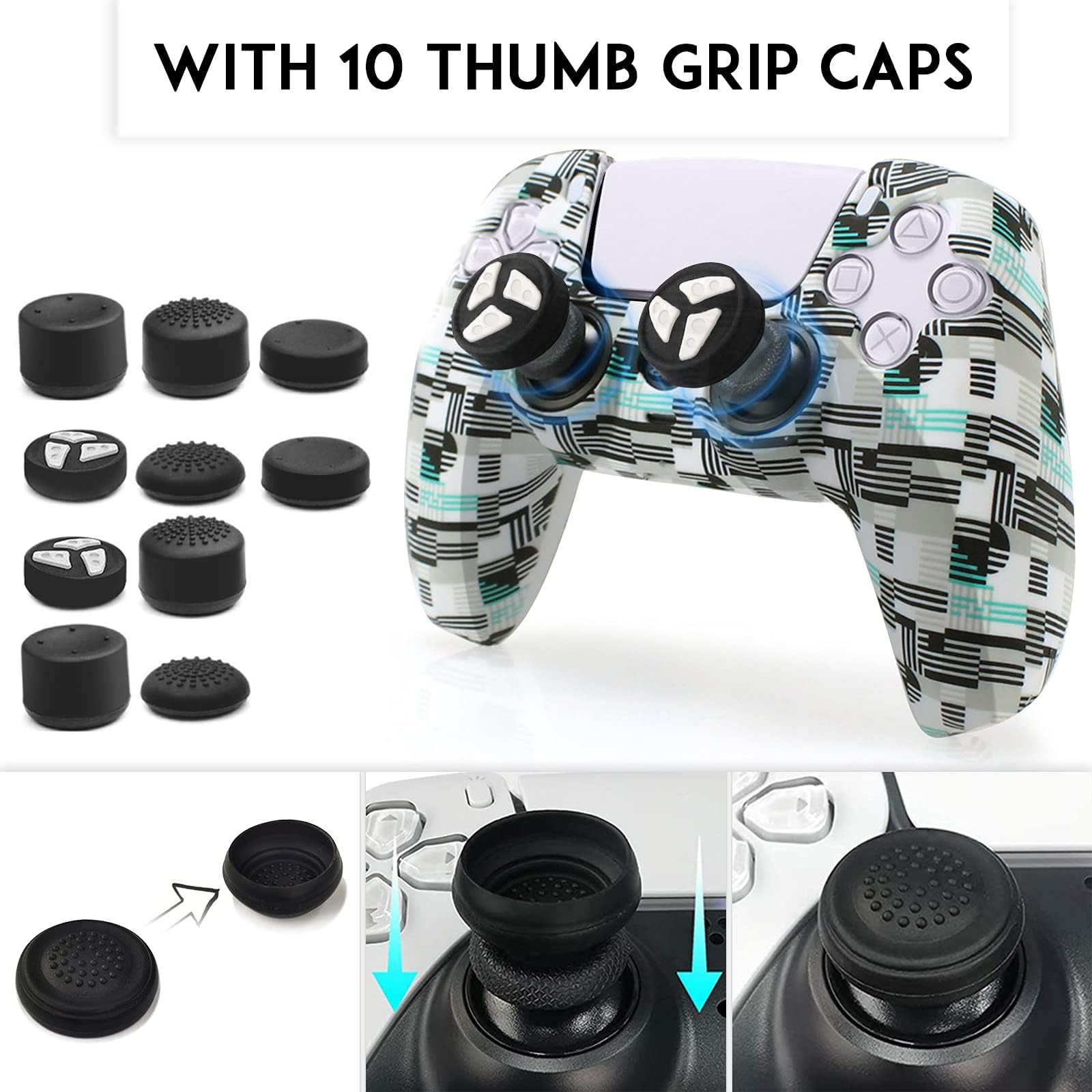 SIKEMAY PS5 Controller Cover Skin Case, Anti-Slip Thicken Silicone Protective, Perfectly Compatible with Playstation 5 Controller Grip with 10 x Thumb Grip Caps (Gray-Blue Plaid)