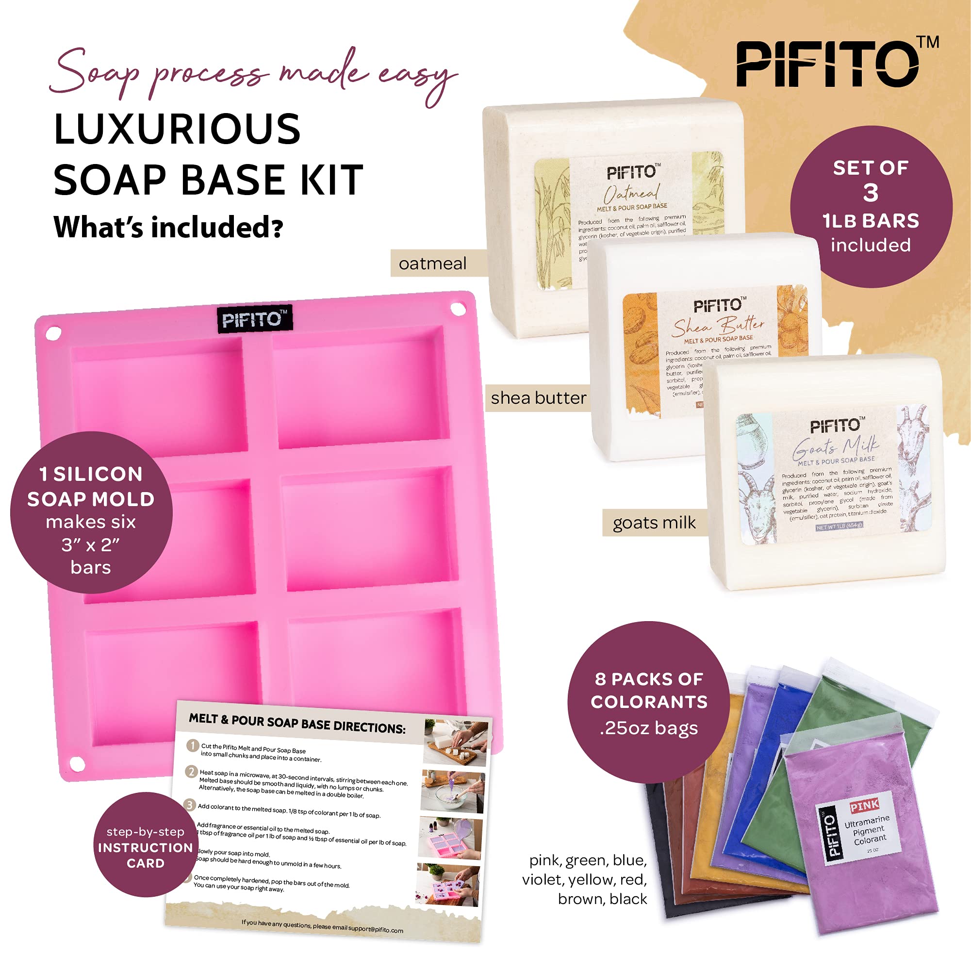 Pifito Soap Making Kit β DIY Soap Making Supplies - 3 lbs Melt and Pour Soap Base (Shea Butter, Goats Milk, Oatmeal), 8-Pack Oxide Pigment Colorants Sampler, Mold and Instructions